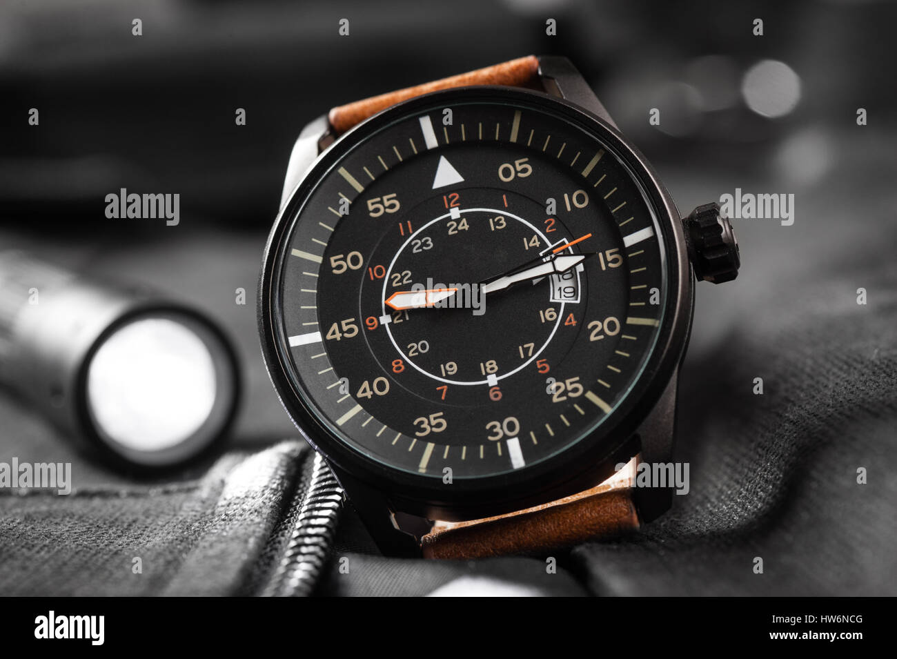 military style watch with brown leather strap Stock Photo - Alamy