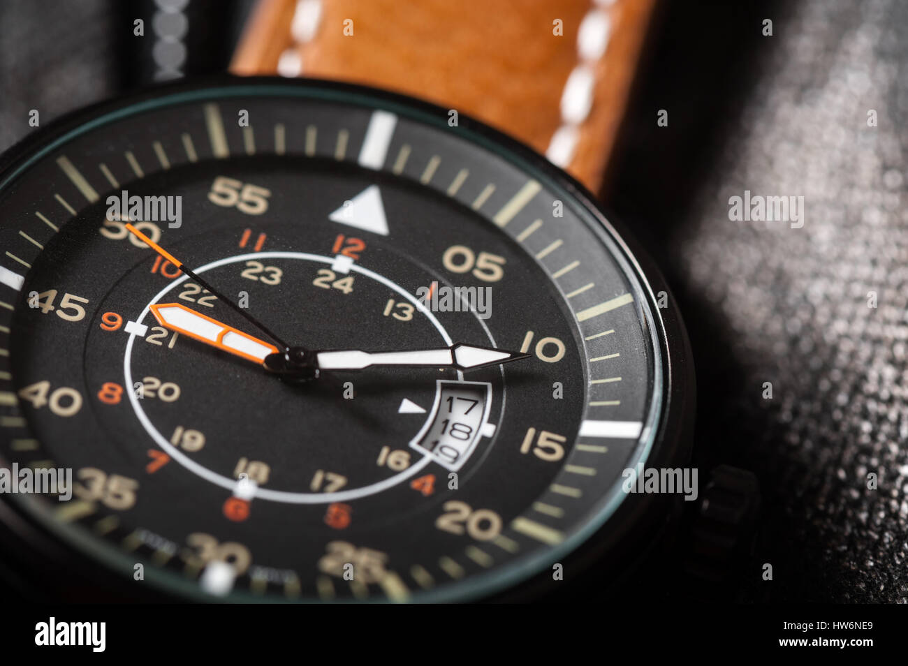 military style watch with brown leather strap Stock Photo - Alamy