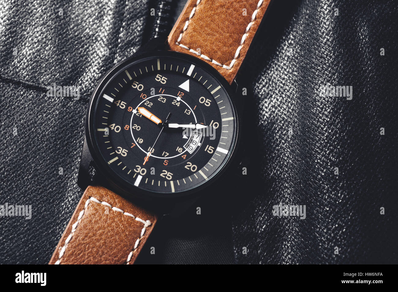 military style watch with brown leather strap Stock Photo - Alamy