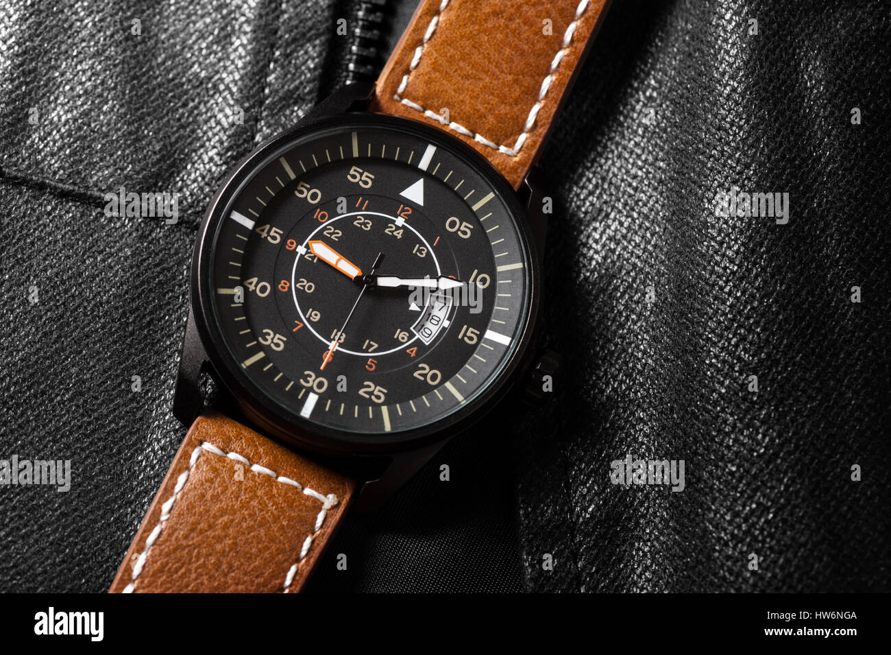 military style watch with brown leather strap Stock Photo - Alamy
