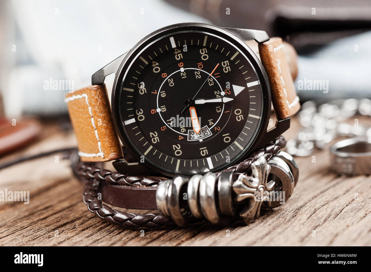 military style watch with brown leather strap Stock Photo - Alamy