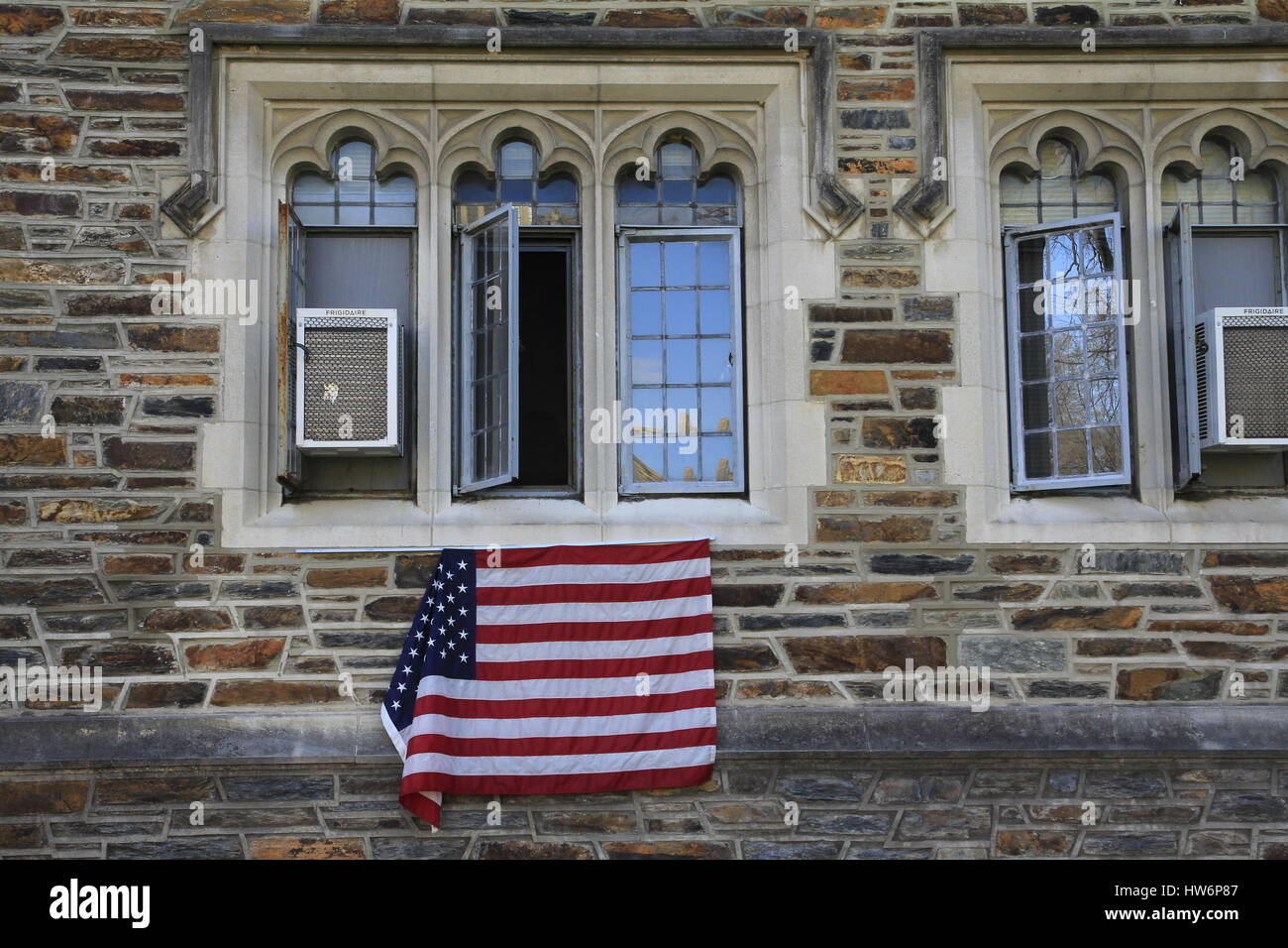 USA Flag hanging from Duke University Dormitory Durham University Stock ...