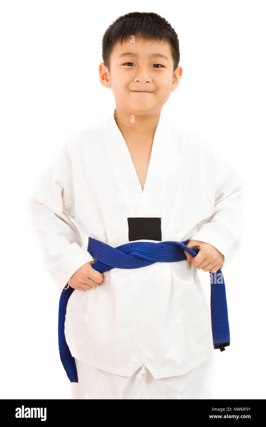 Asian Little Karate Boy in White Kimono on White Background Stock Photo ...