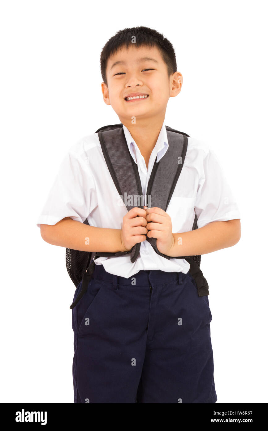 Asian Little School Boy with Backpack on White Background Stock Photo ...