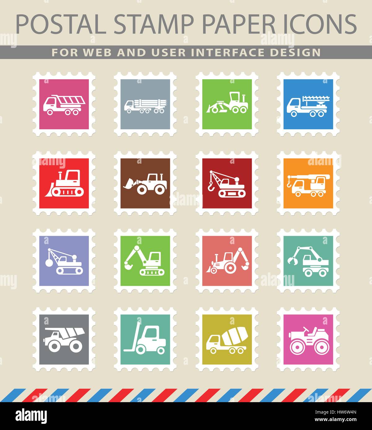 construction machinery web icons on the postage stamps Stock Vector ...