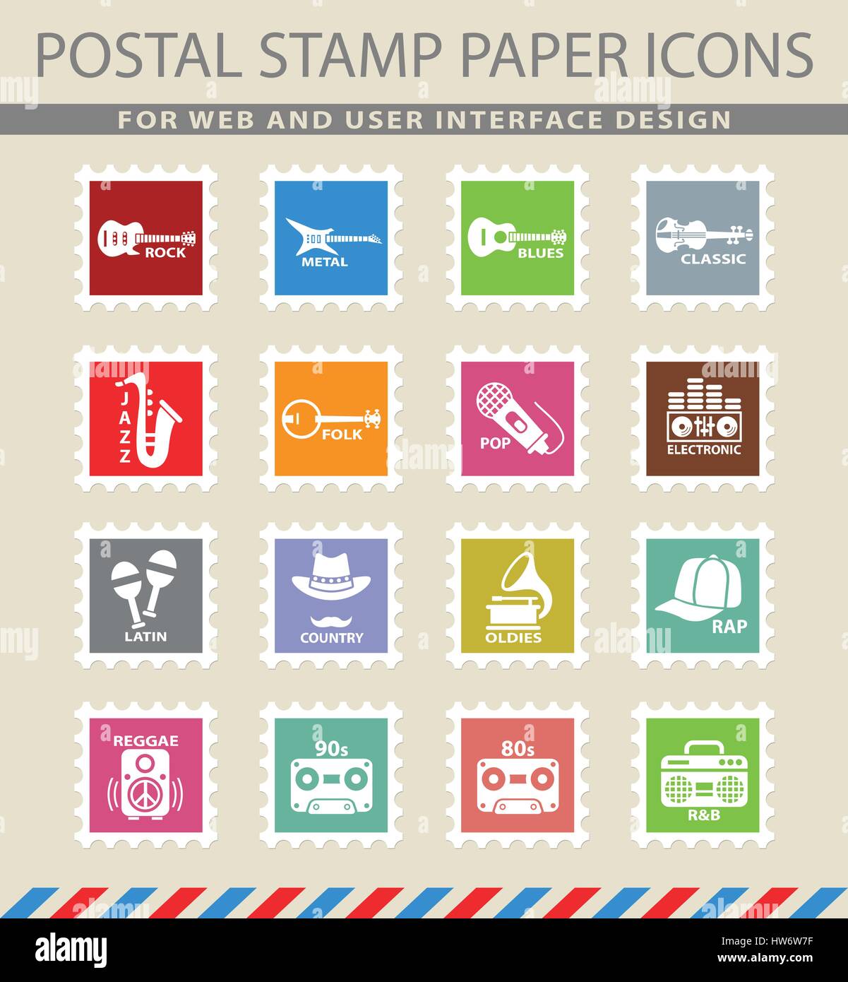 musical genre web icons on the postage stamps Stock Vector Image & Art ...