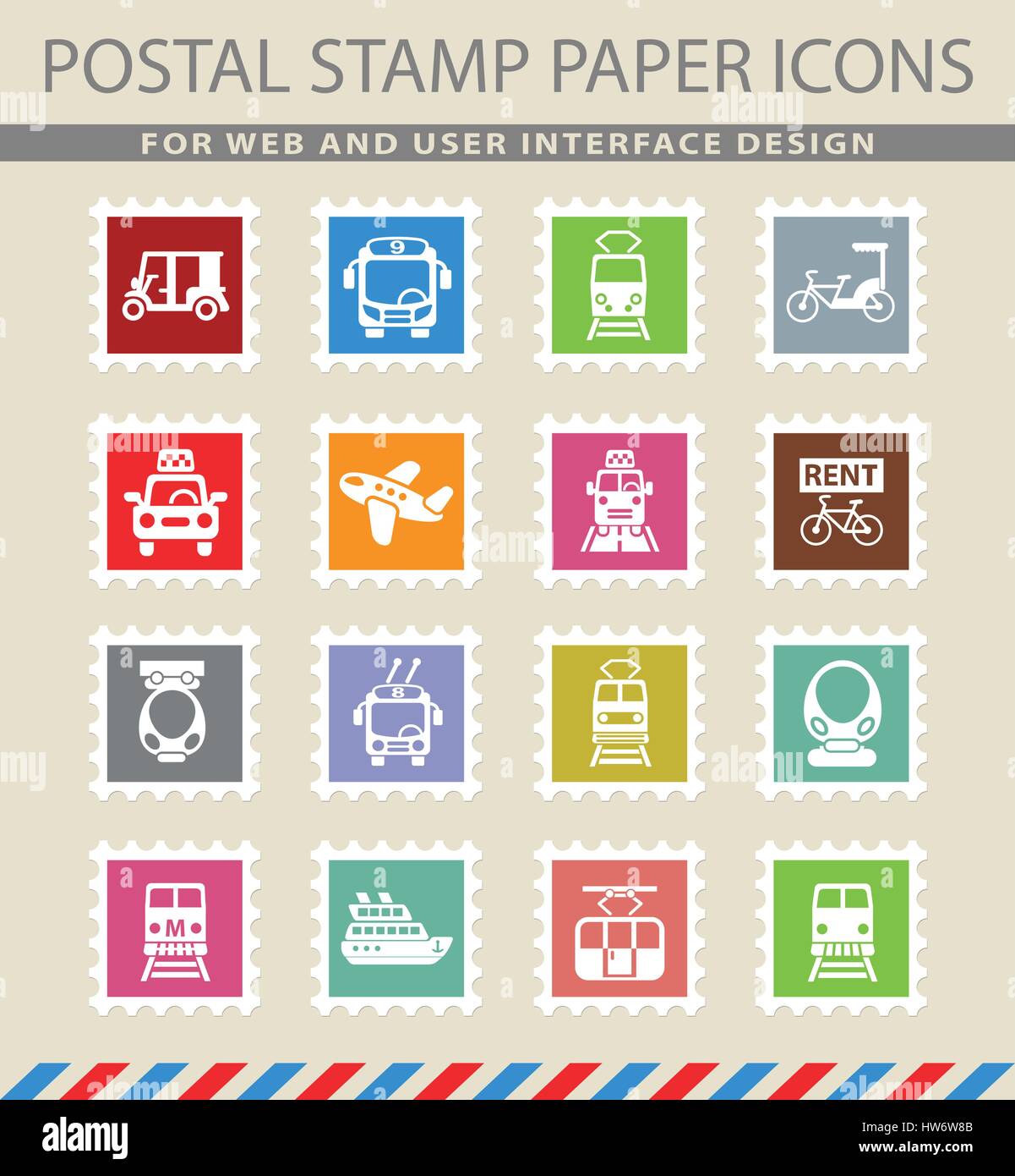 public transport web icons on the postage stamps Stock Vector Image ...