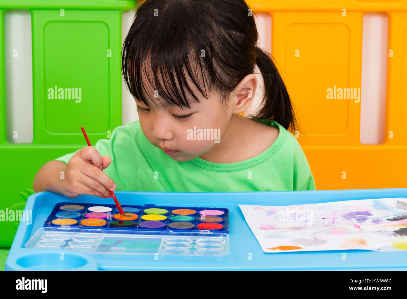 Asian Little Chinese Girl Washing Painting Brush in Water Stock Photo ...