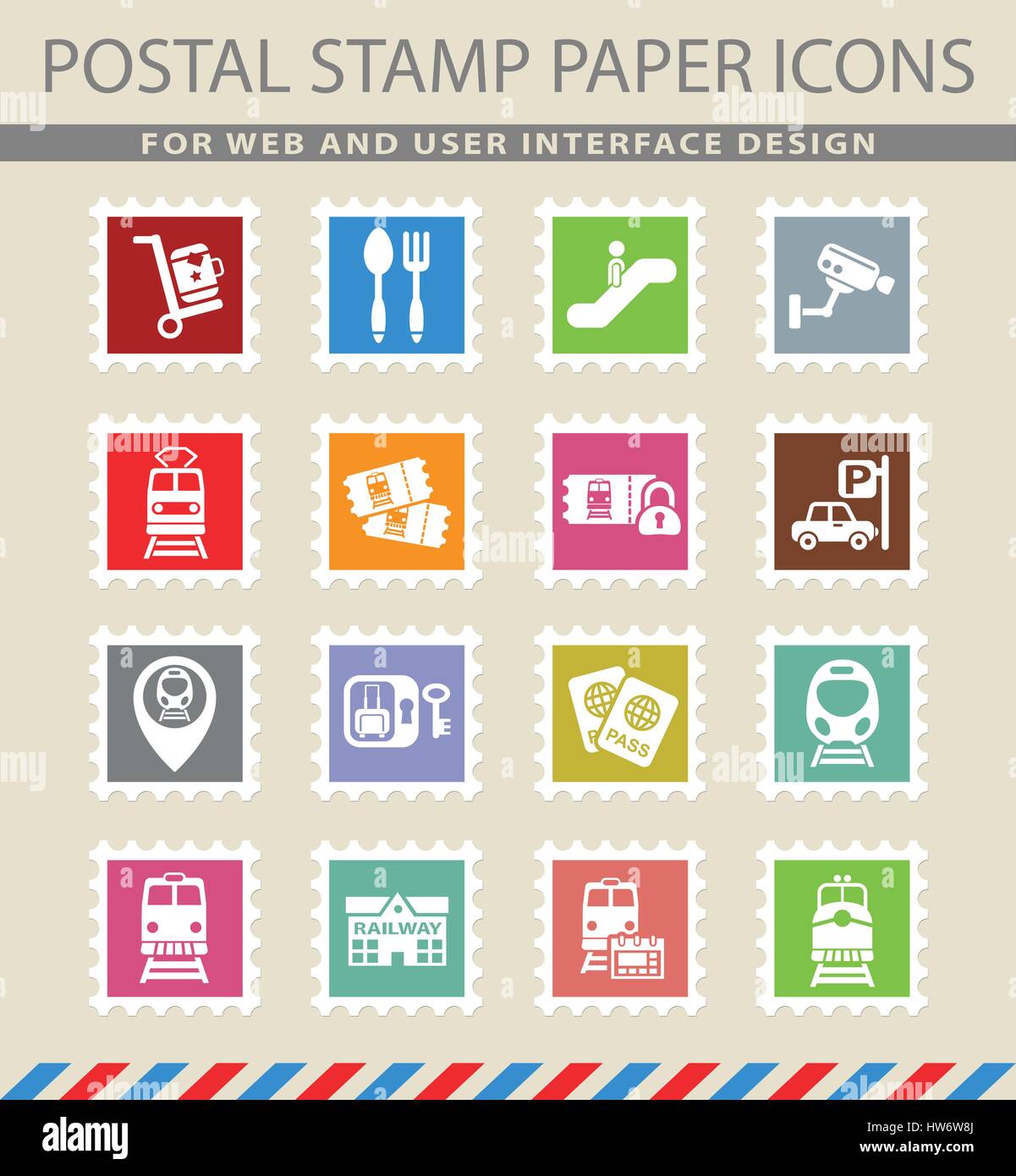 railway station web icons on the postage stamps Stock Vector Image ...