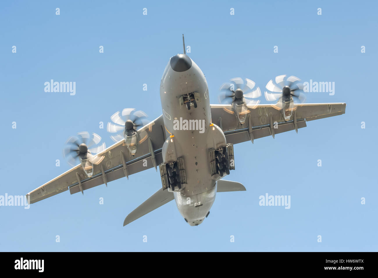 Airbus A400M military transporter aircraft in a steep climb after take ...