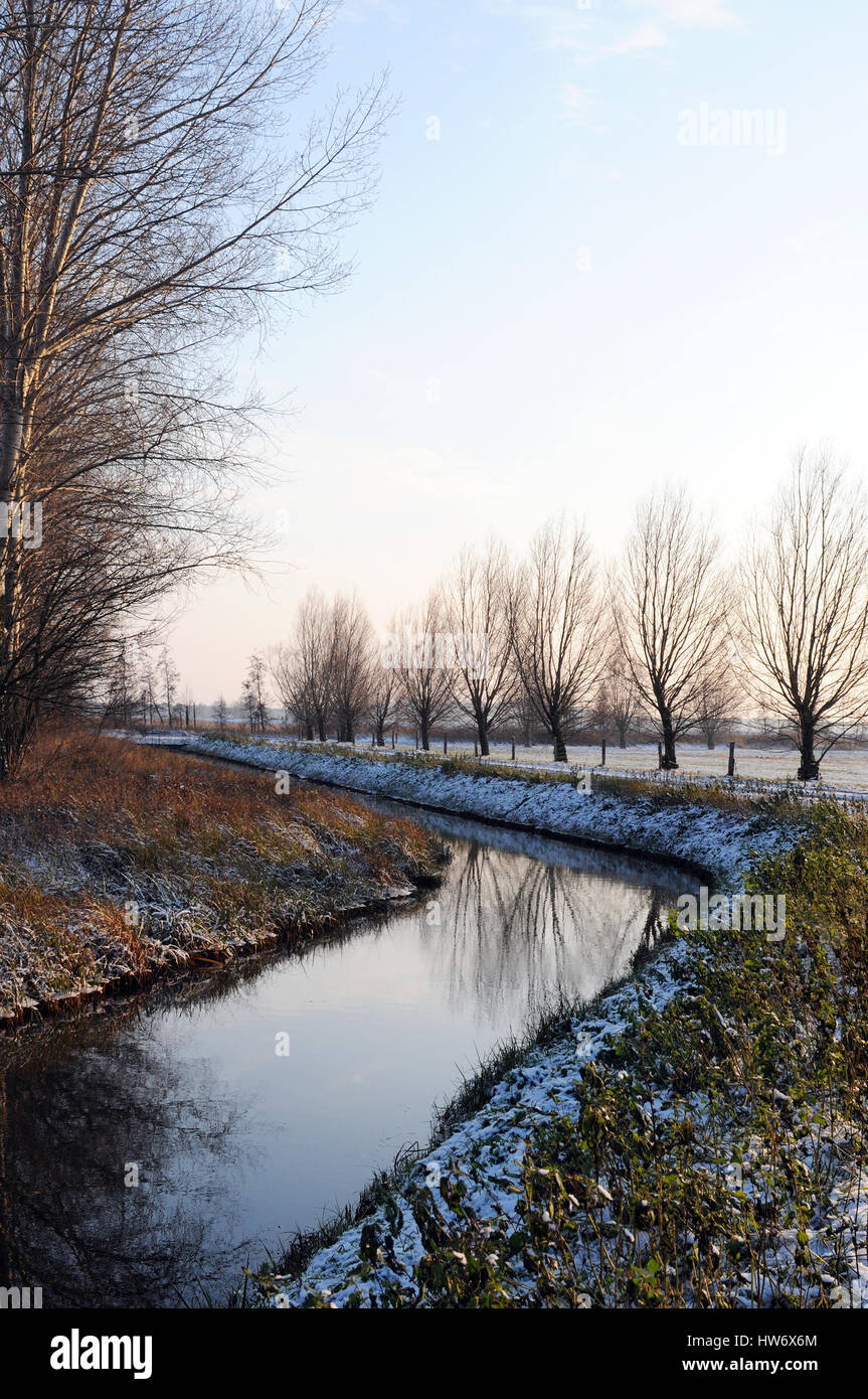 small river in wintertime at Havelland (Brandenburg, Germany). Along a ...