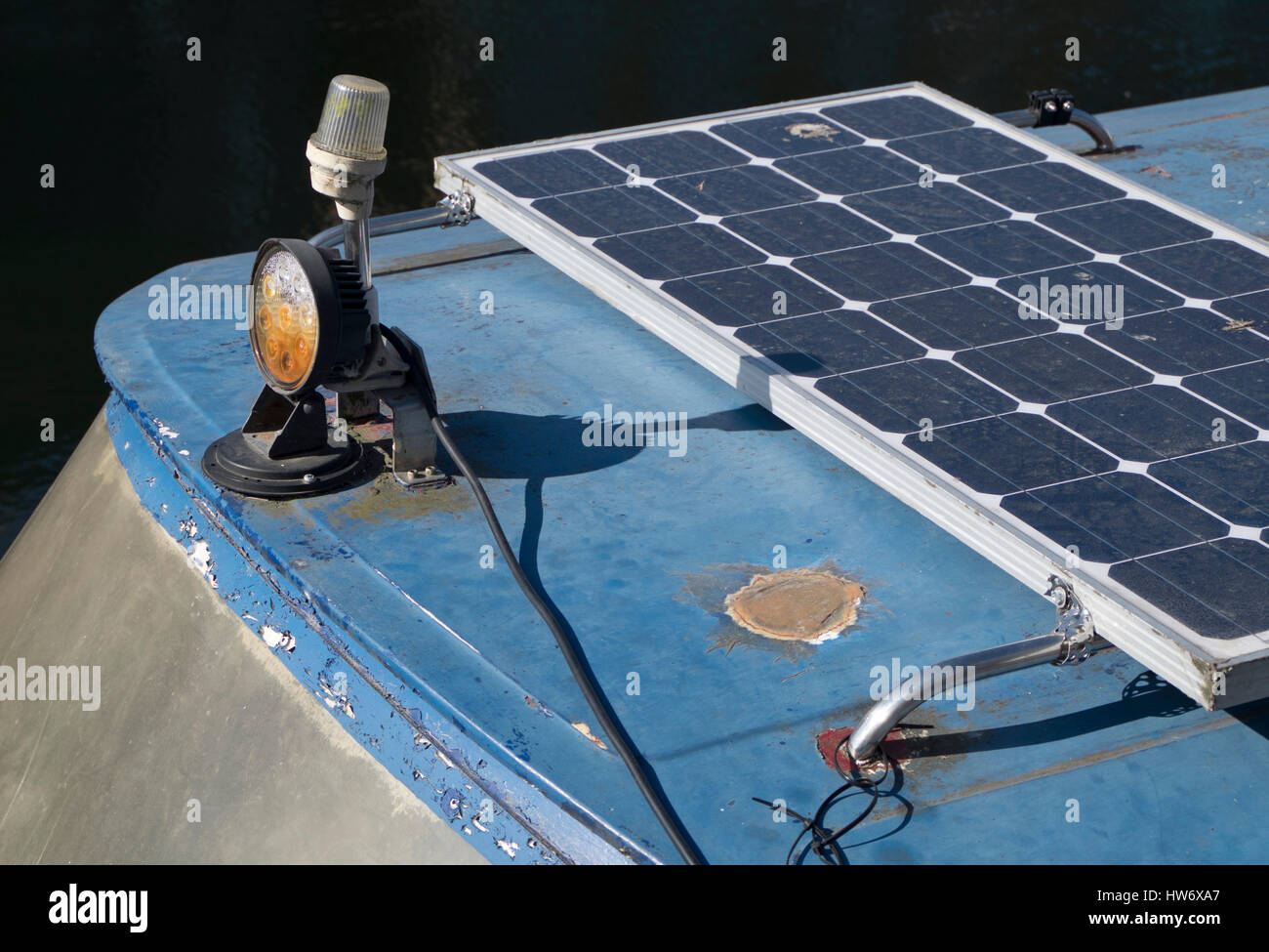 Barges with solar panels on the canal by the Olympic Park in the east ...