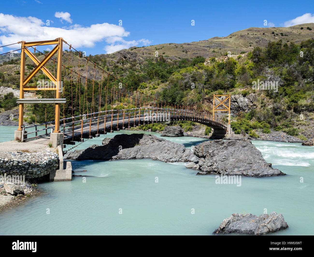 Suspension bridge crossing the river Rio Baker, not suitable for trucks ...
