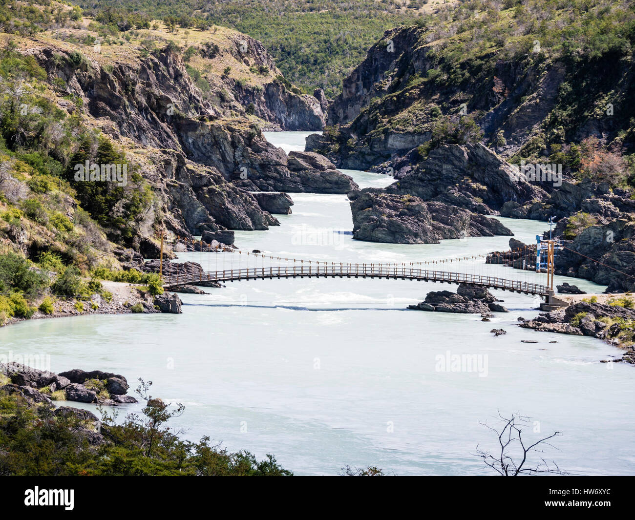 Suspension bridge crossing the river Rio Baker, not usable for trucks ...