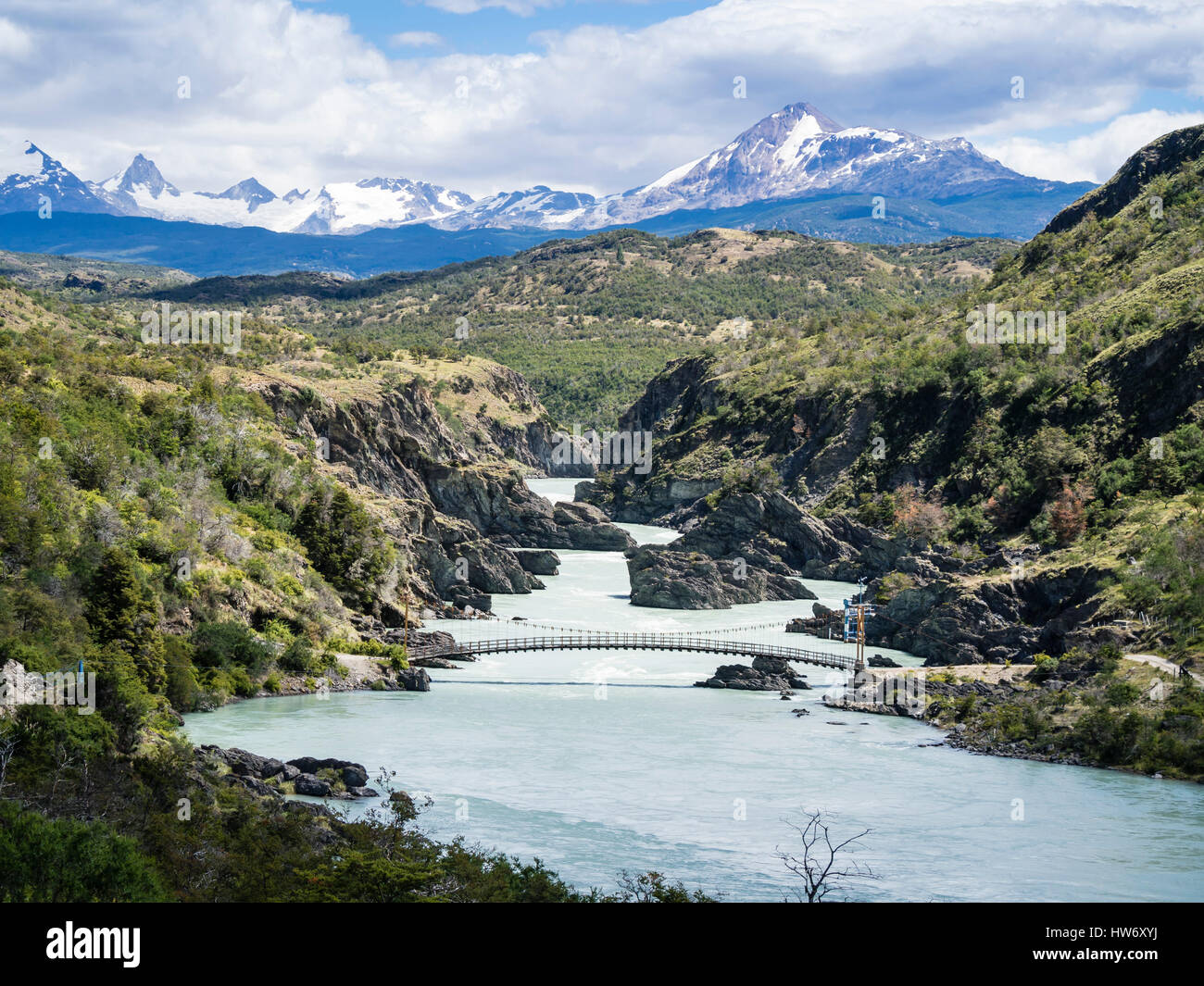 Suspension bridge crossing the river Rio Baker, not usable for trucks ...