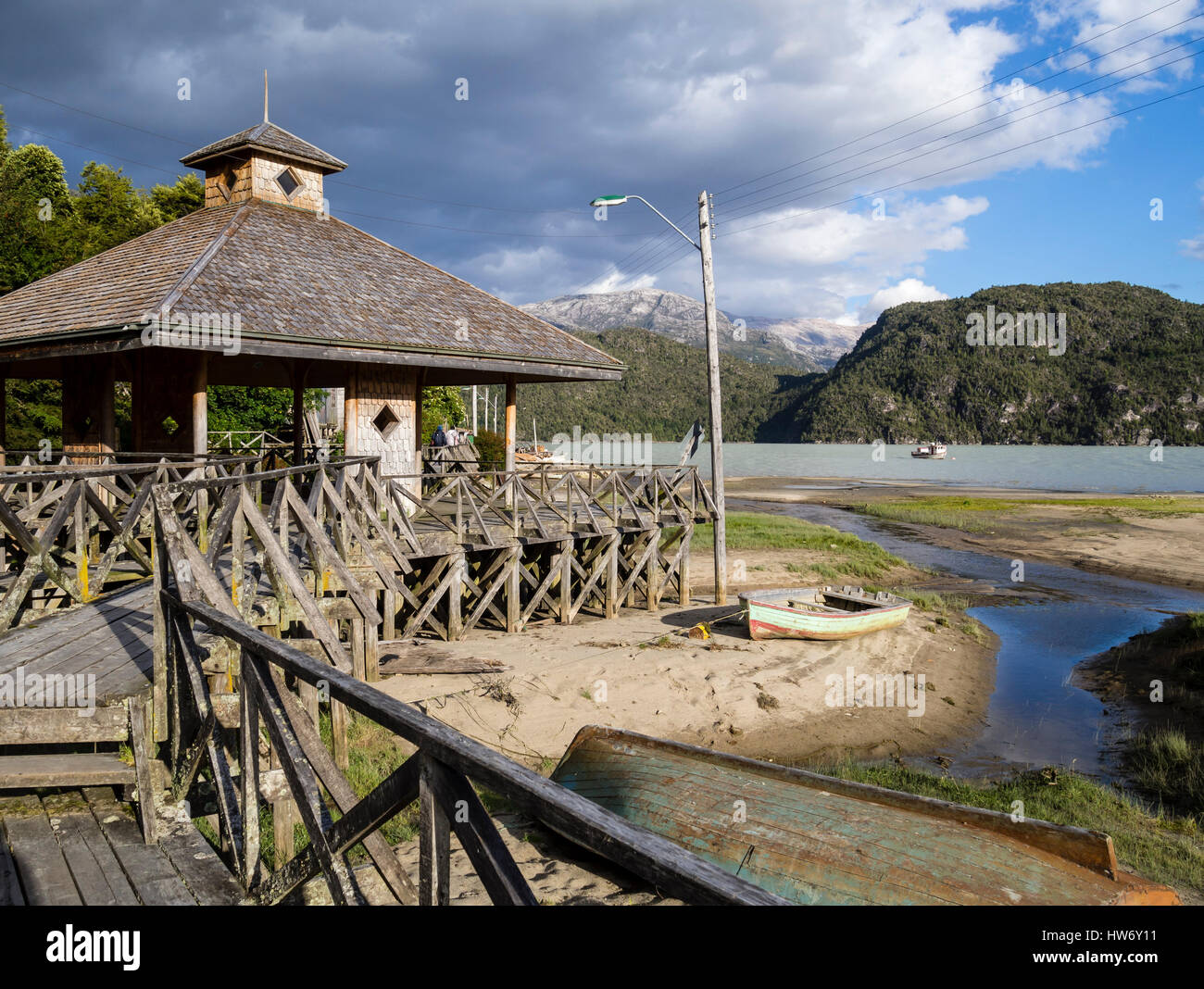 House and wooden boardwalk of Caleta Tortel, at the seaside, Caleta ...