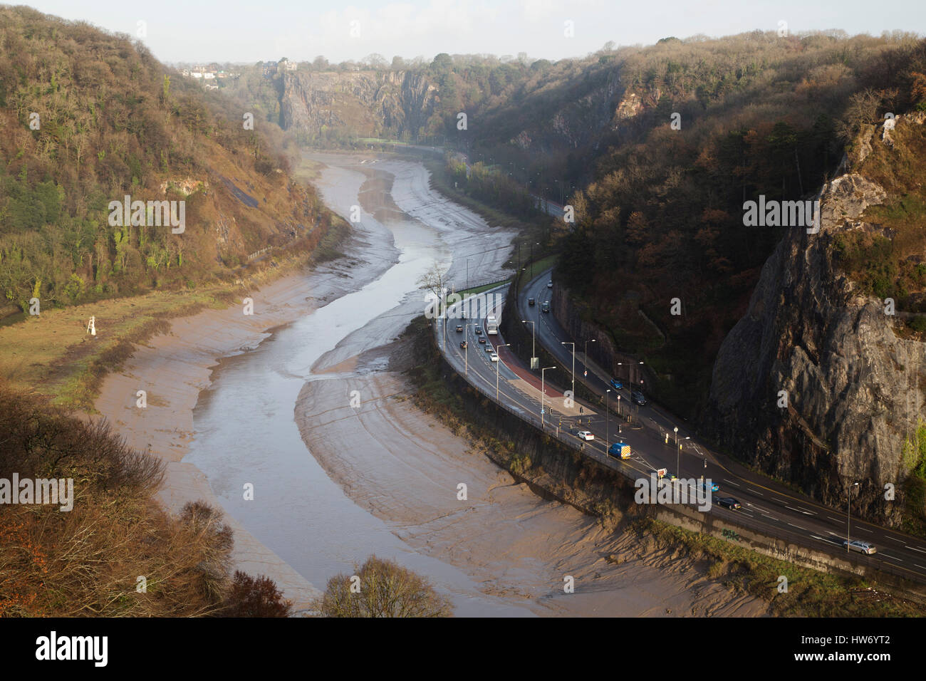 The Avon Gorge, at low tide, in Bristol, England. The River Avon sweeps ...