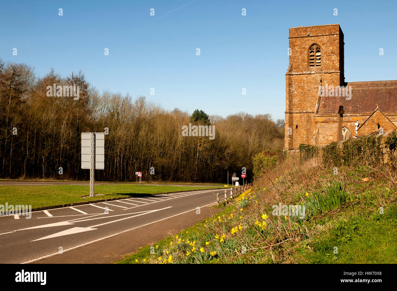 St. Michael`s Church and the B4100 road at Warmington Hill, Warmington ...