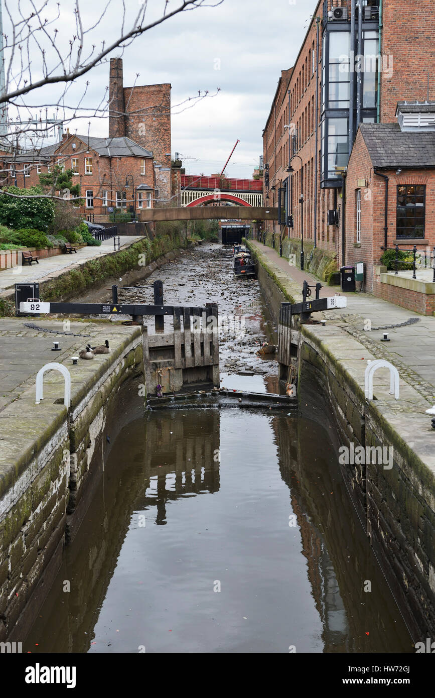 Rochdale Canal in Deansgate drained for cleaning and maintenance Stock ...