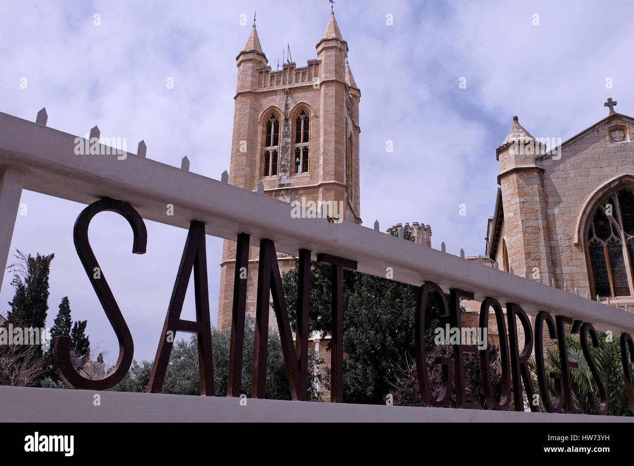 The tower of St. George's Cathedral the seat of the Bishop of Jerusalem ...