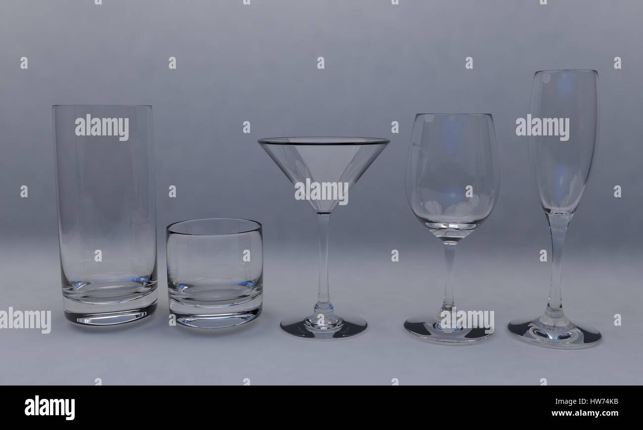 Glass cup set,isolated on white 3d render,working Stock Photo - Alamy