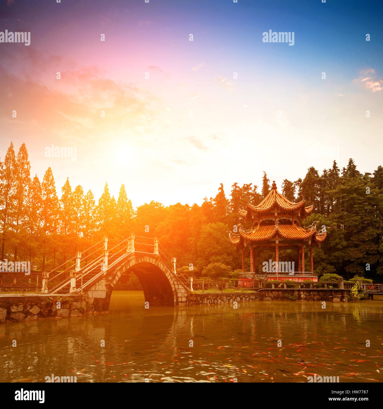 Chinese classical gardens of evening twilight Stock Photo - Alamy