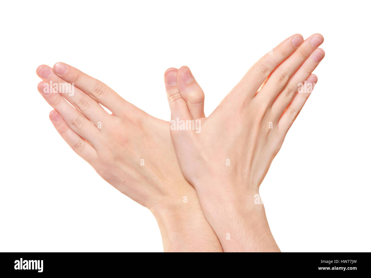 Hands gesture like a bird isolated on white Stock Photo - Alamy