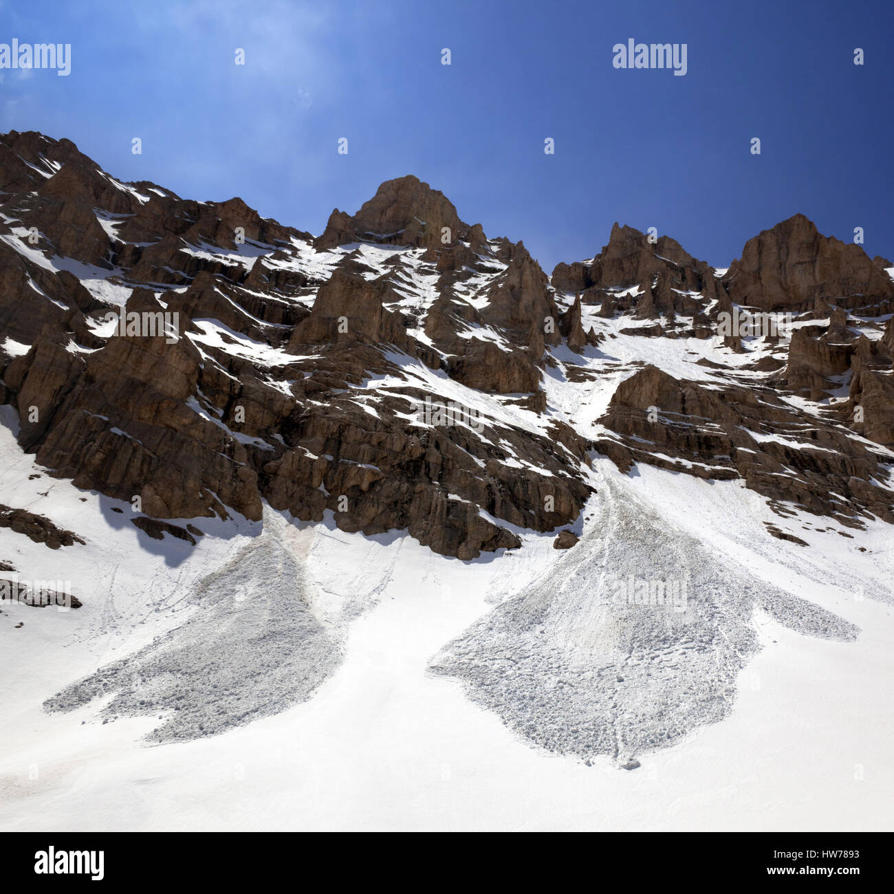 Snowy rocks and trace from avalanche in spring. Turkey, Central Taurus ...