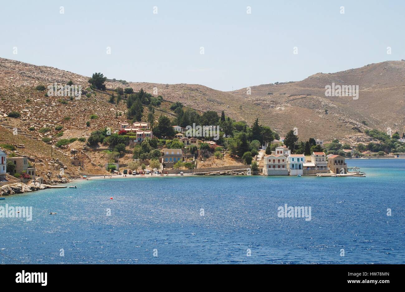 Looking down onto Nimborios beach on the Greek island of Symi Stock ...