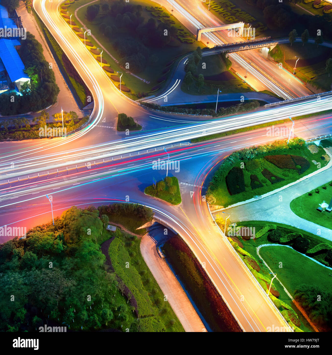 Freeway in night with cars light in modern city Stock Photo - Alamy