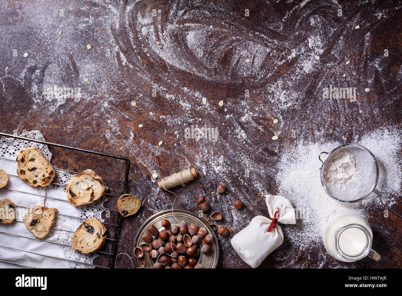 Bakery background, baking ingredients over rustic kitchen countertop ...