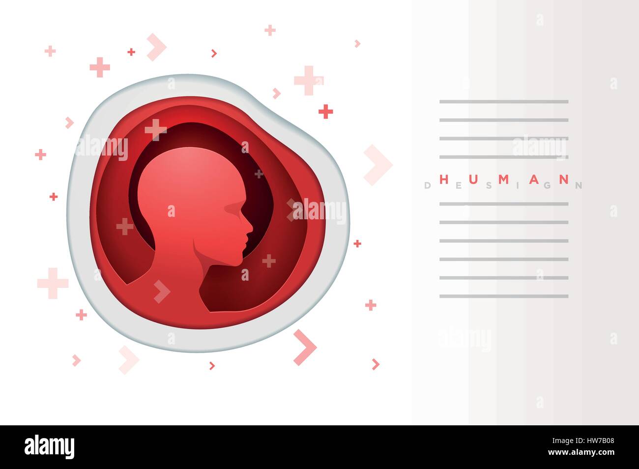 Vector red human head paper art style illustration on horizontal design ...