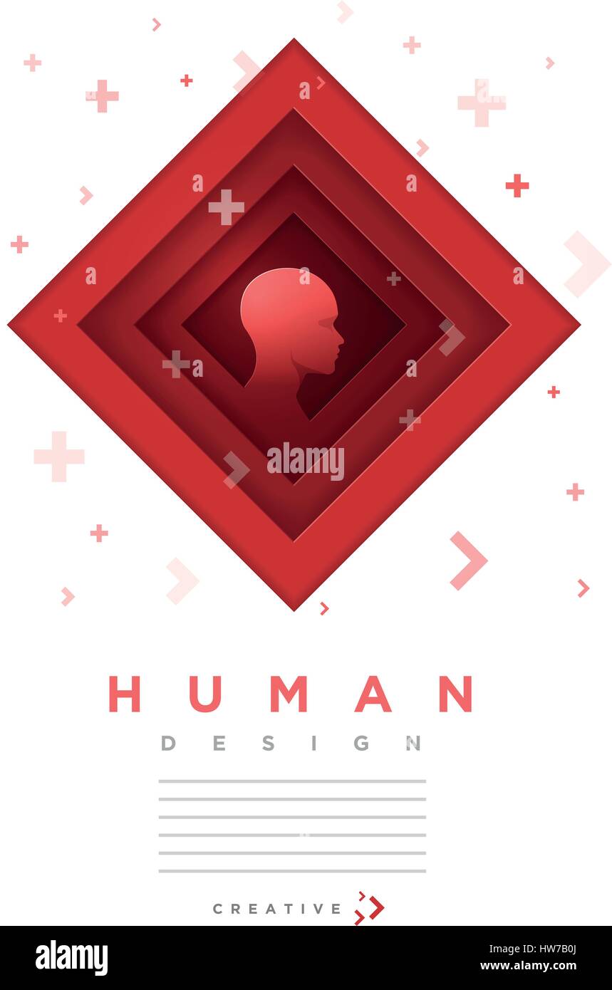 Vector red human head paper art style illustration on vertical poster ...
