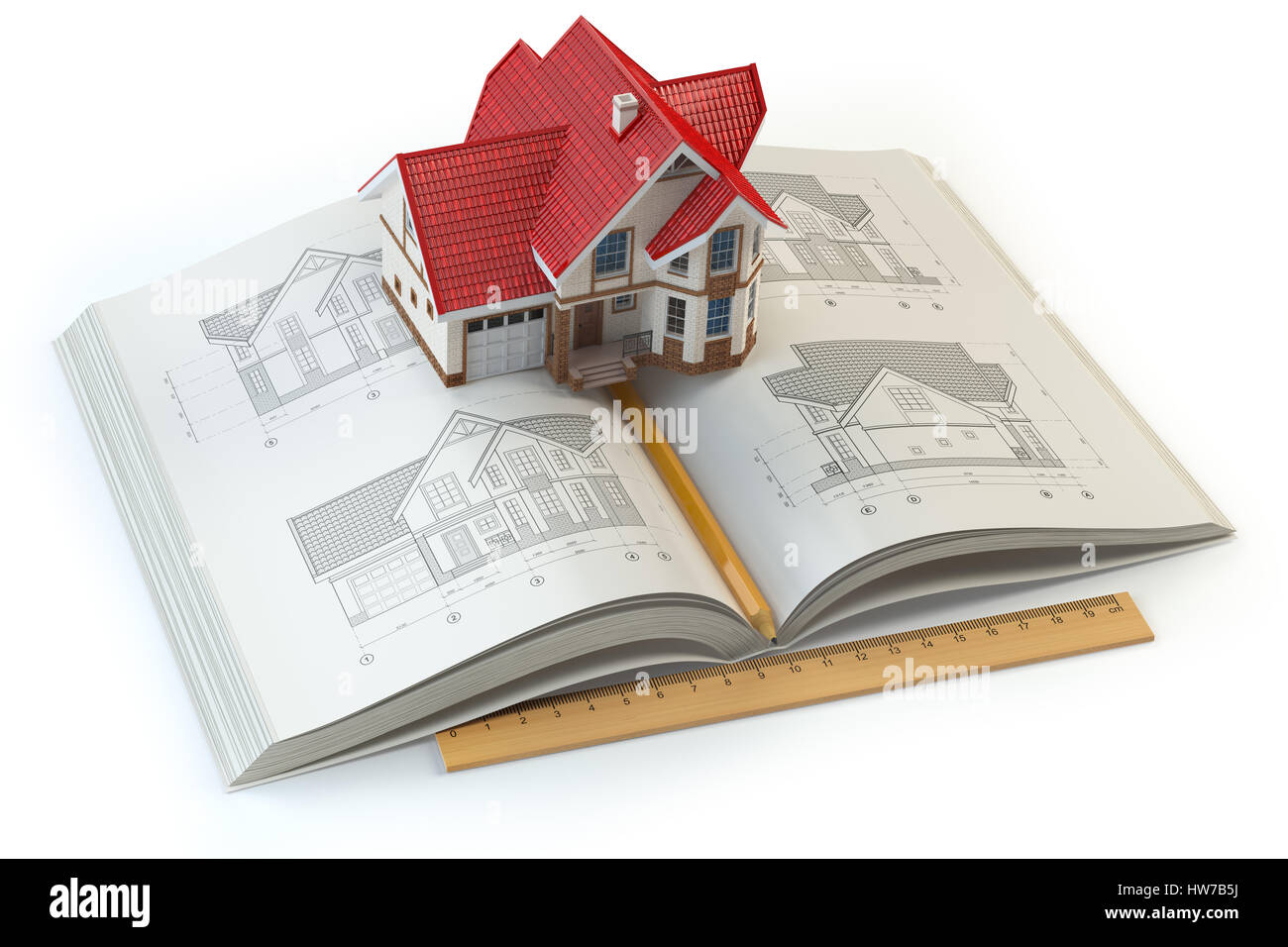 House project. Book with drafts of house and 3d model of house ...