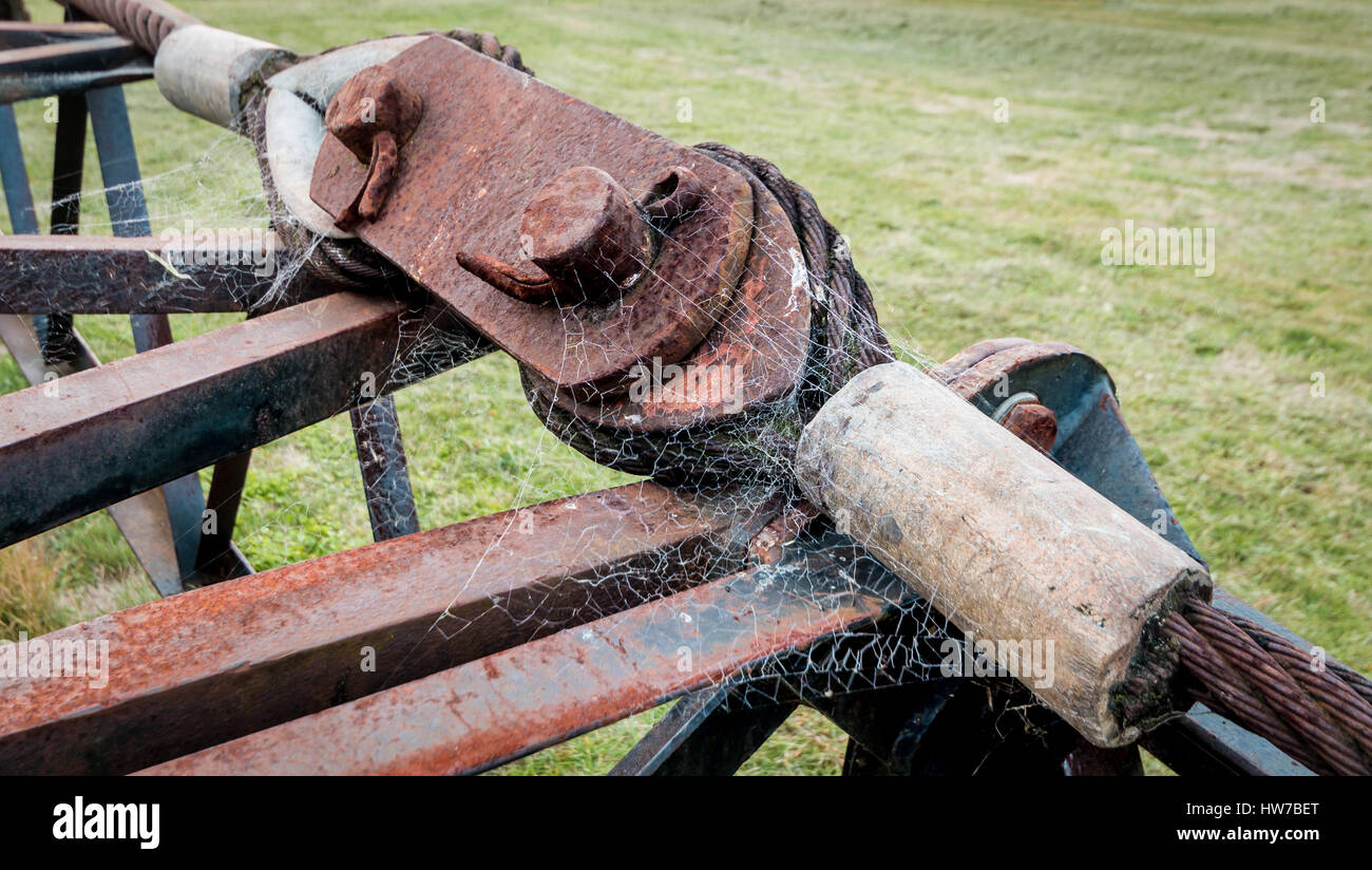 Industrial cable linkage with spider webs over it Stock Photo - Alamy