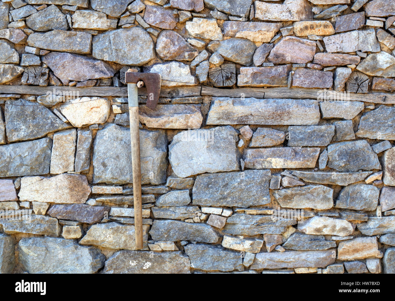 Stylish stone wall background and axe Stock Photo - Alamy