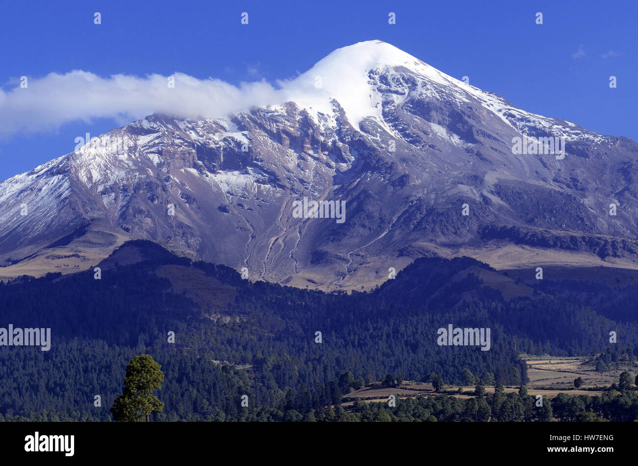 Alpine terrain with rock, snow and ice on Pico de Orizaba volcano, or ...