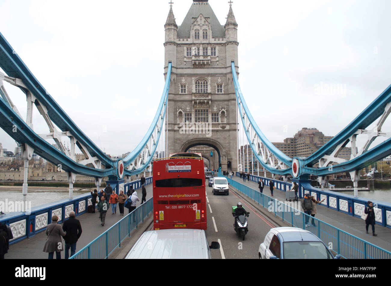 A view of Tower Bridge from the top of a double decker bus Stock Photo ...