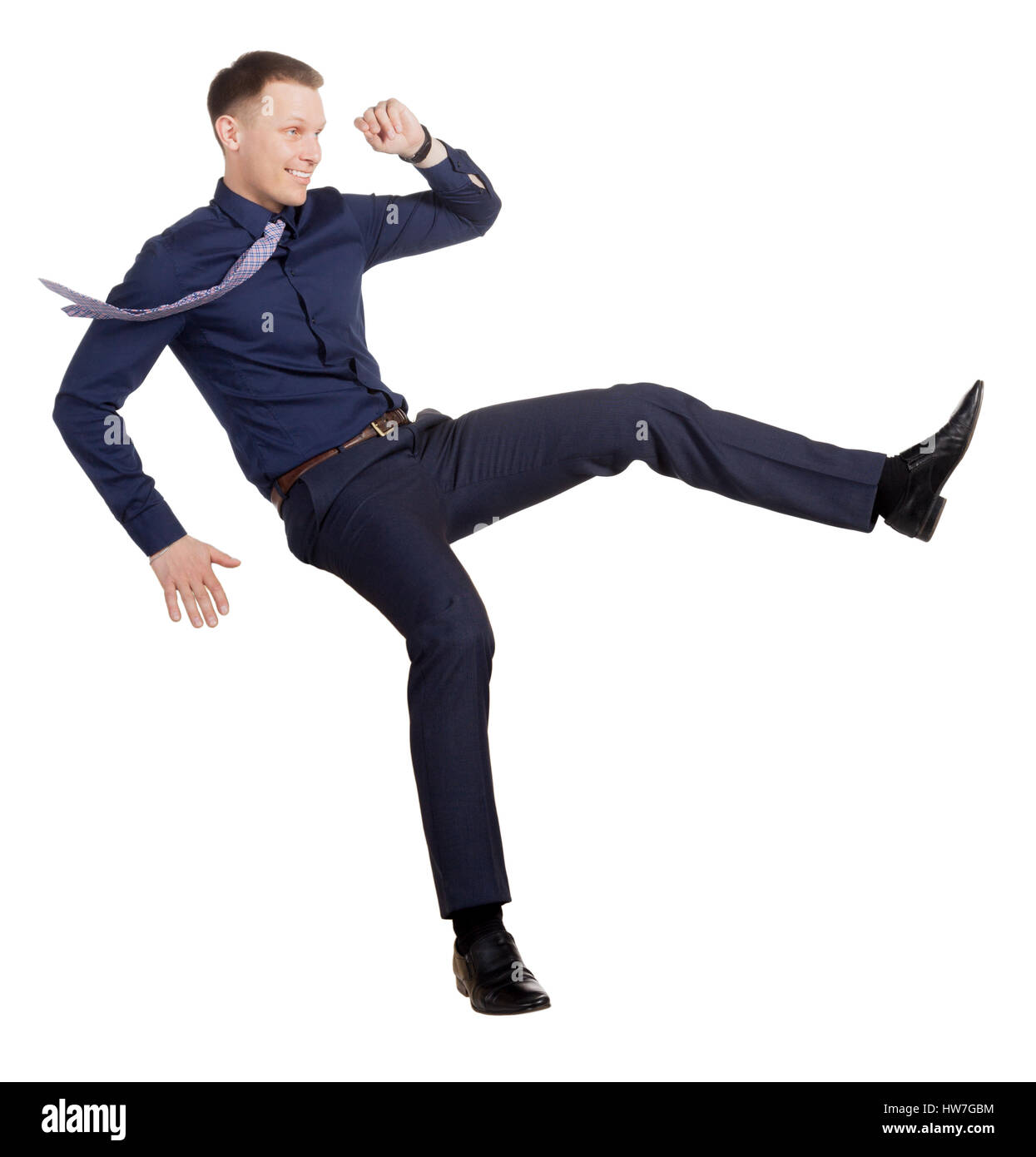 Businessman in a falling position, on white Stock Photo - Alamy