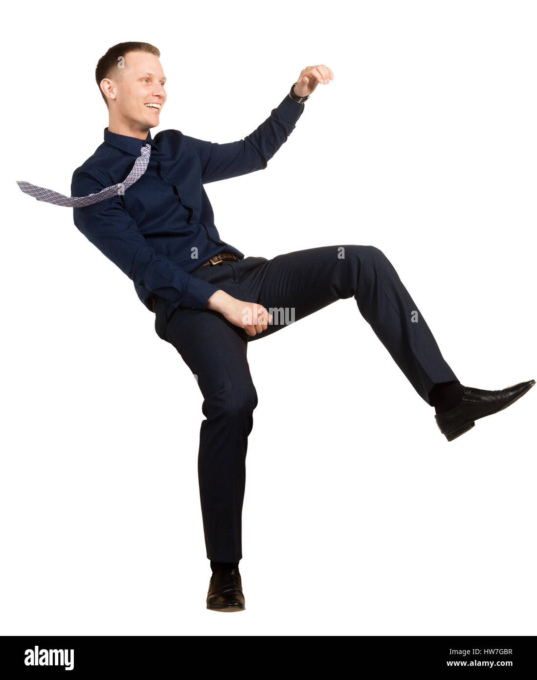 Businessman in a falling position, on white Stock Photo - Alamy