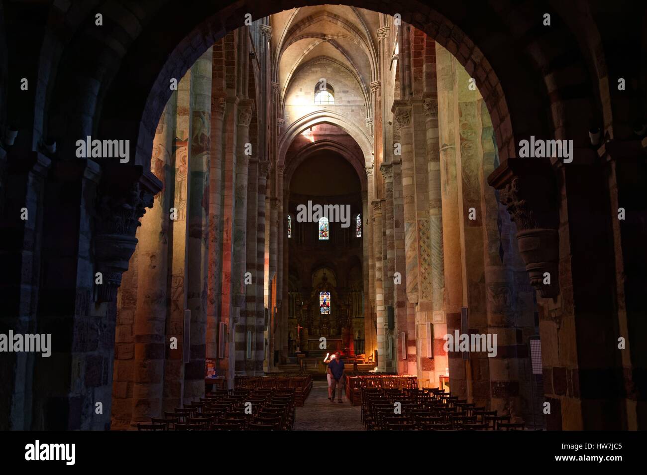 France, Haute Loire, Brioude, Basilica of Saint Julien, the nave Stock ...