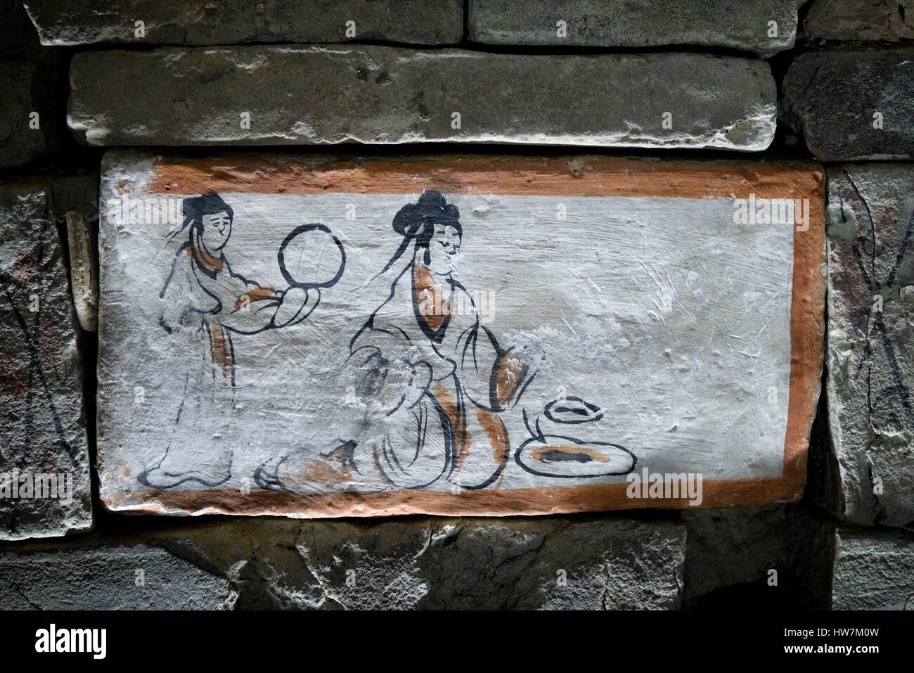 China, Gansu Province, painted tiles in a Wei-Jin mural brick tomb near ...
