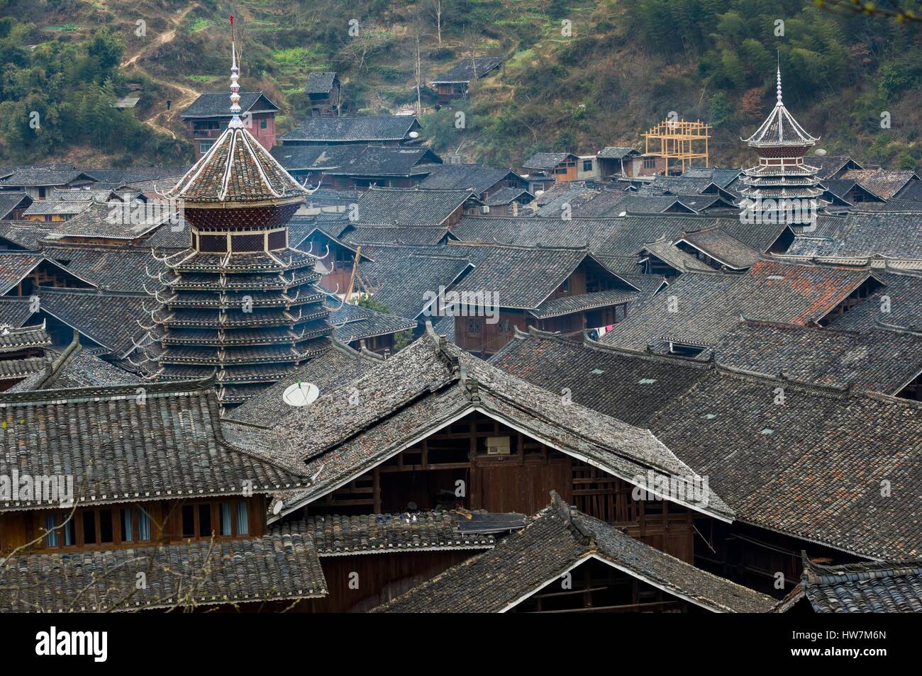 China, Guizhou, Zhaoxing, little capital of the Dong from the hilltop ...