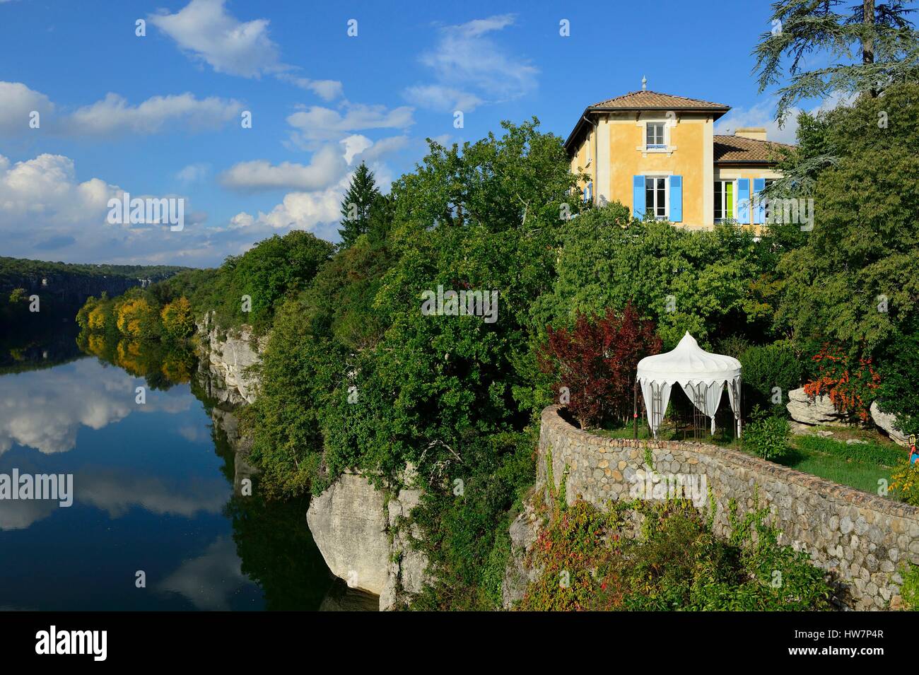 France, Ardeche, Ruoms, medieval village along Ardeche River Stock ...