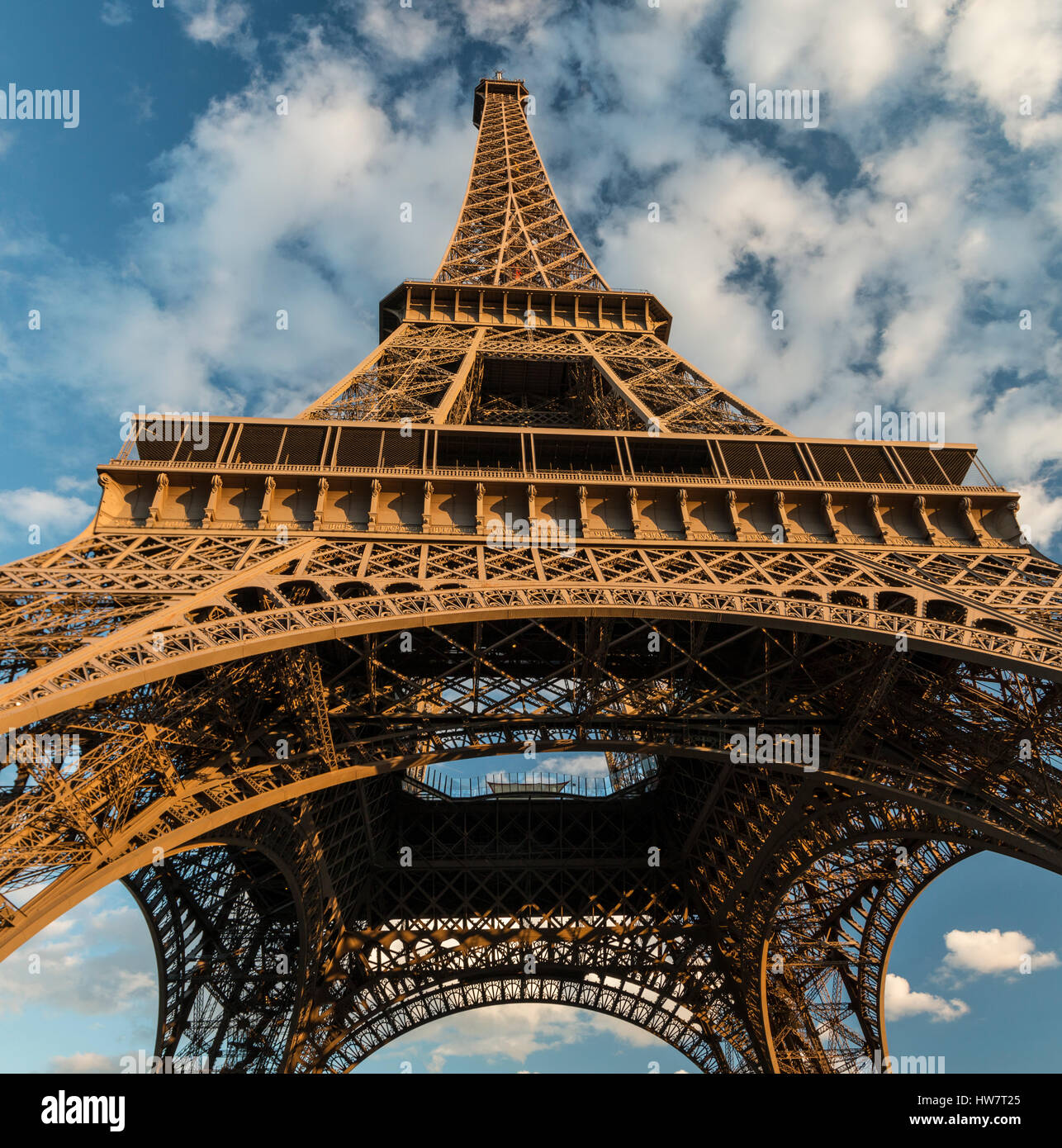 PARIS, FRANCE- OCTOBER 2, 2016: Eiffel Tower from below at sunset Stock ...