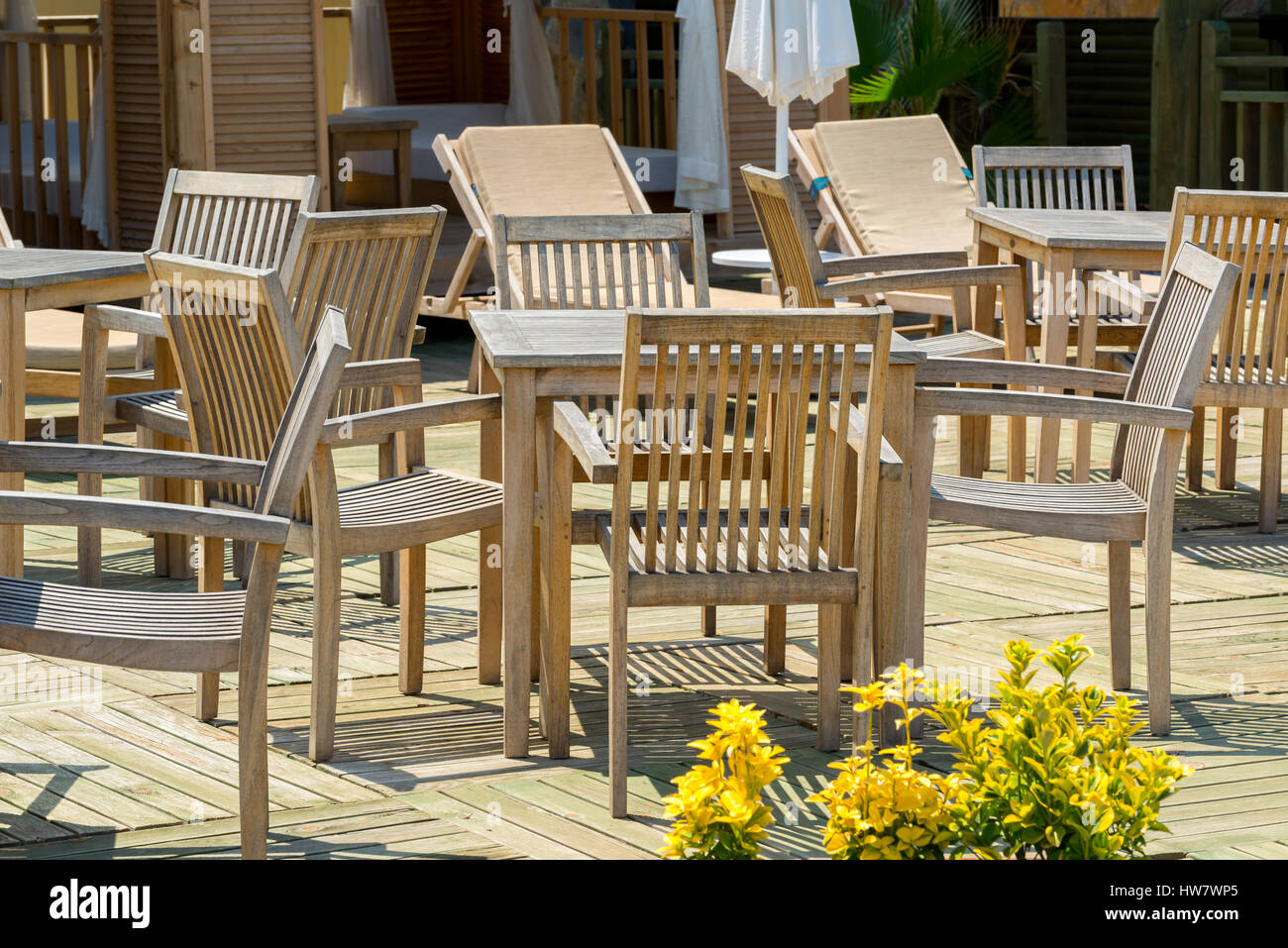Wooden tables and chairs in an outdoor cafe, Turkey Stock Photo - Alamy