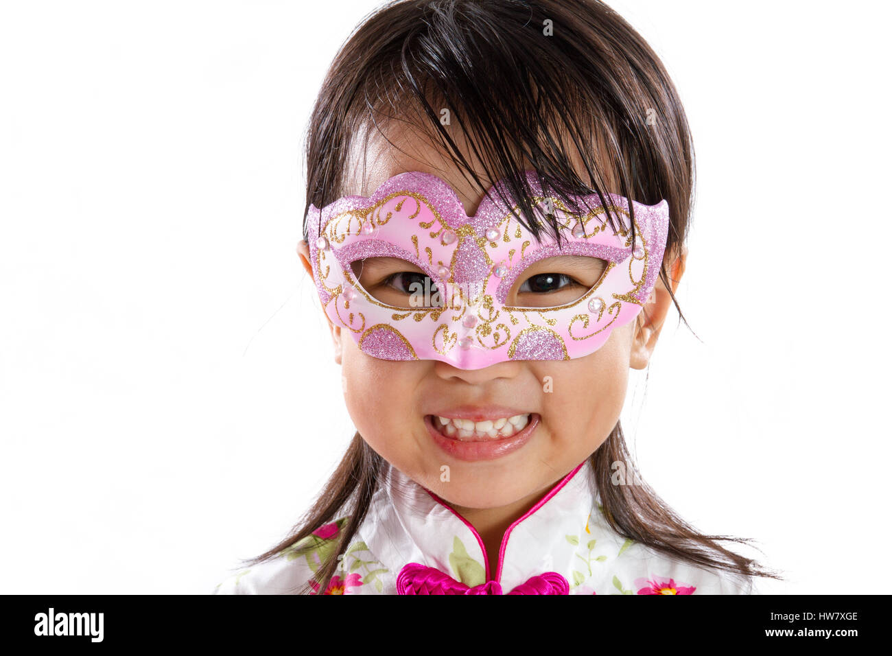 Asian Little Chinese Girl Wearing Mask isolated on White Bakground ...