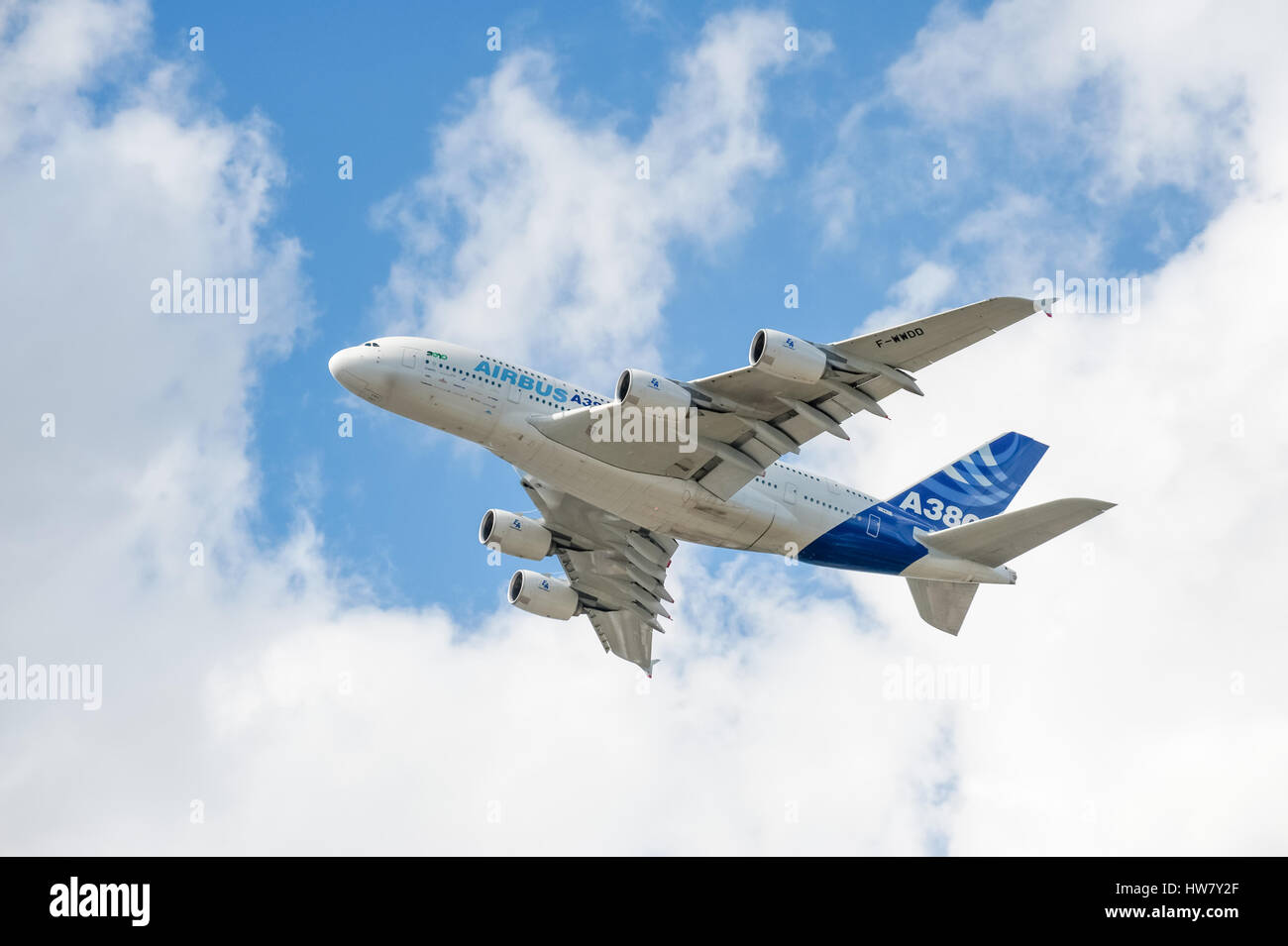 Farnborough, UK - July 16, 2010: Airbus A380 climbing through clouds ...
