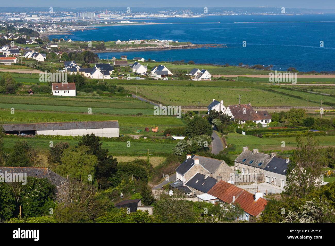 France, Manche, Fermanville, elevated coastal view towards Cherbourg ...