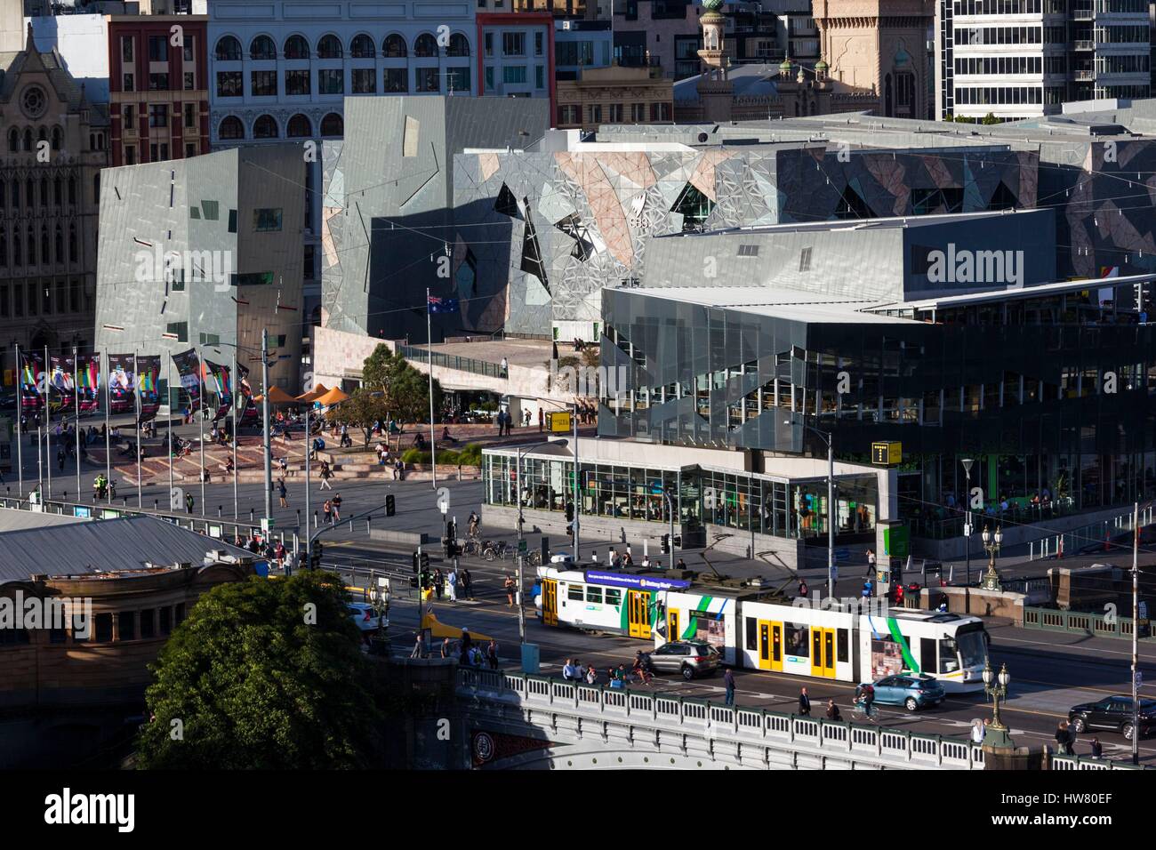 Australia, Victoria, Melbourne, Federation Square, elevated view, late ...